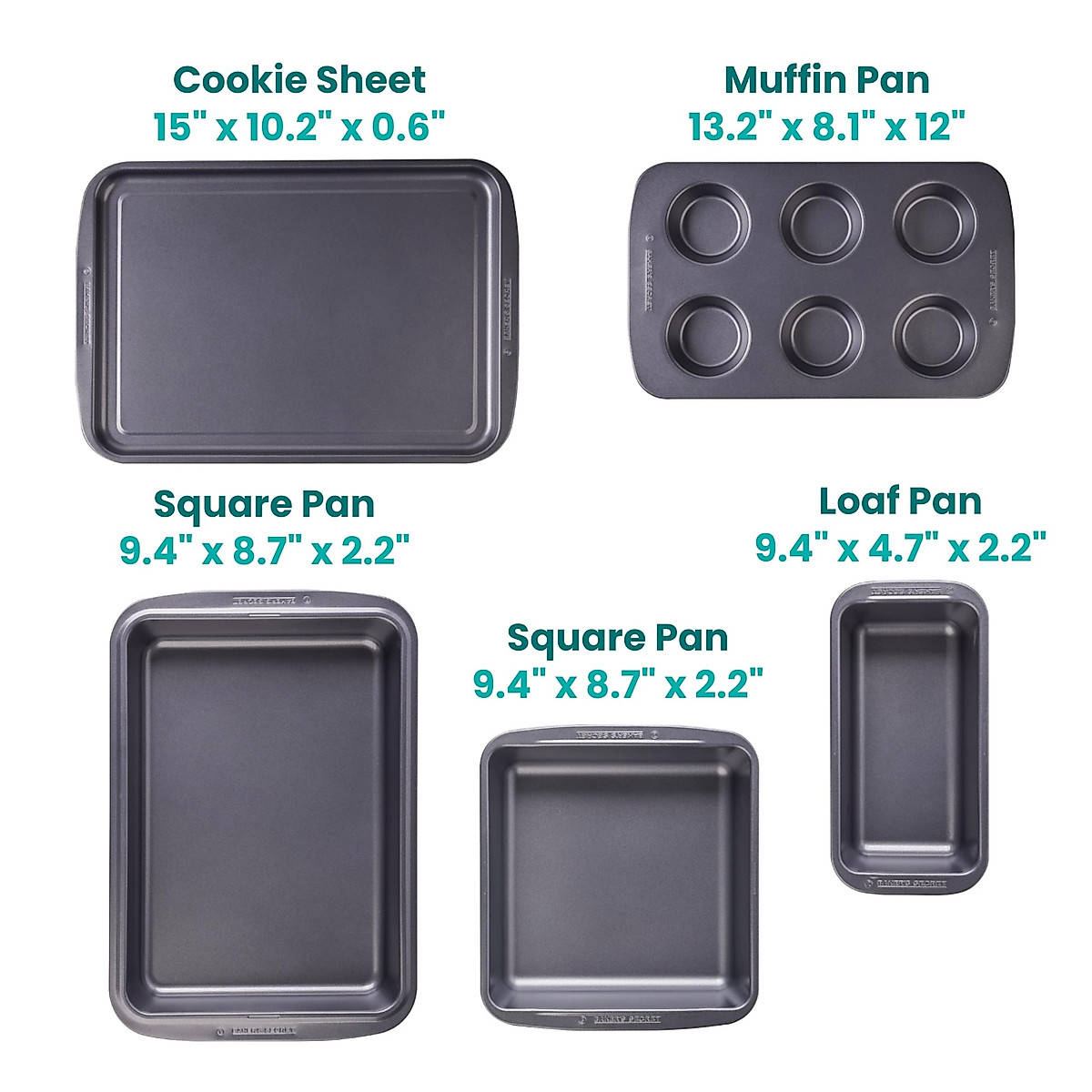 Baker's Secret Stackable Baking Set of 5 Bakeware Pans, Bakeware Set, Baking Pan Set Includes Muffin Pan, Roaster Pan, Square Pan, Cookie Sheet, Loaf Pan, Easy Store, Dishwasher Safe, Baking Supplies