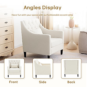 HUIMO Upholstered Living Room Chairs,Accent Chair with Solid Wood Frame,Reading Chair for Bedroom,Tufted Armchair,Mid Century Sofa Chair,Comfy Club Chair for Living Room (Beige)