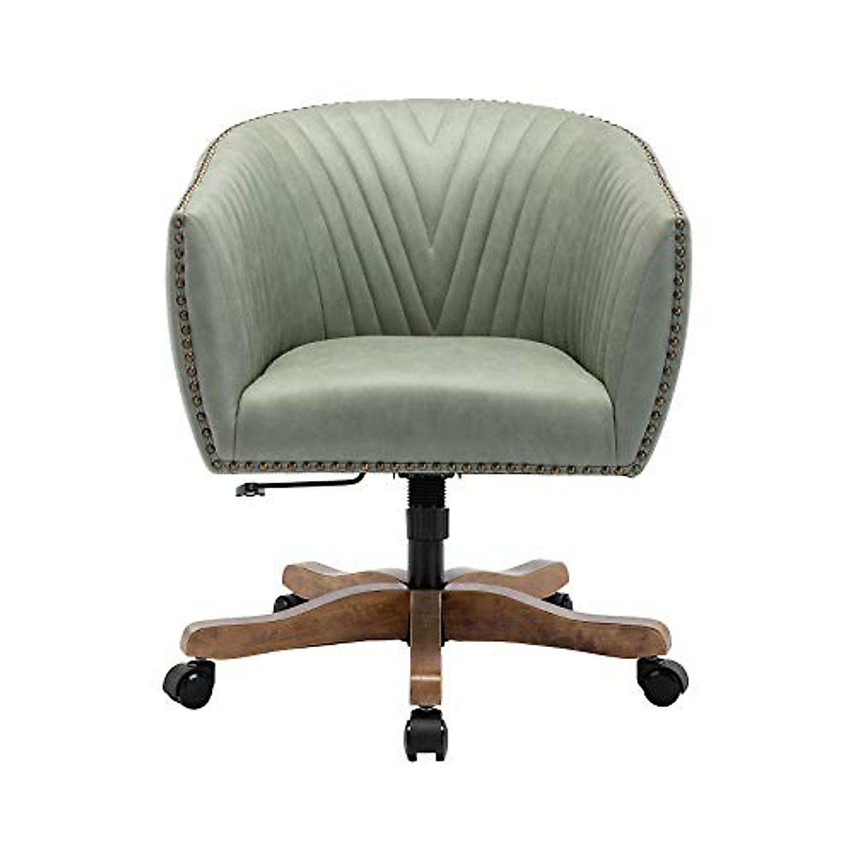 Guyou Barrel Home Office Desk Chair with Wood Base, Upholstered Ergonomic Accent Arm Chair with Luxurious Nailheads and Pleated Mid-Back for Home Studio Bedroom Vanity, Green in Faux Leather