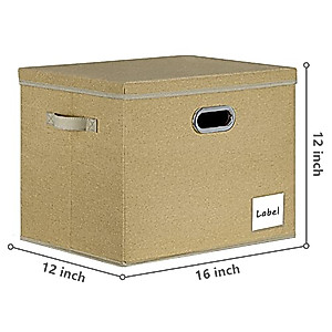 LHZK 4Pack Extra Large Storage Bins with Lids 16x12x12 Foldable Linen Fabric Storage Boxes with Lids, Decorative Fabric Storage Bins with Label & 3 Handles for Shelves Bedroom Home Office-Black,Beige