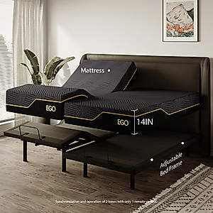 EGOHOME Split King Adjustable Bed Base Frame and 14 inch Memory Foam Mattress, Independent Head and Foot Incline Electric Foldable Metal Bed Base Electric, Wireless Remote,Zero Gravity