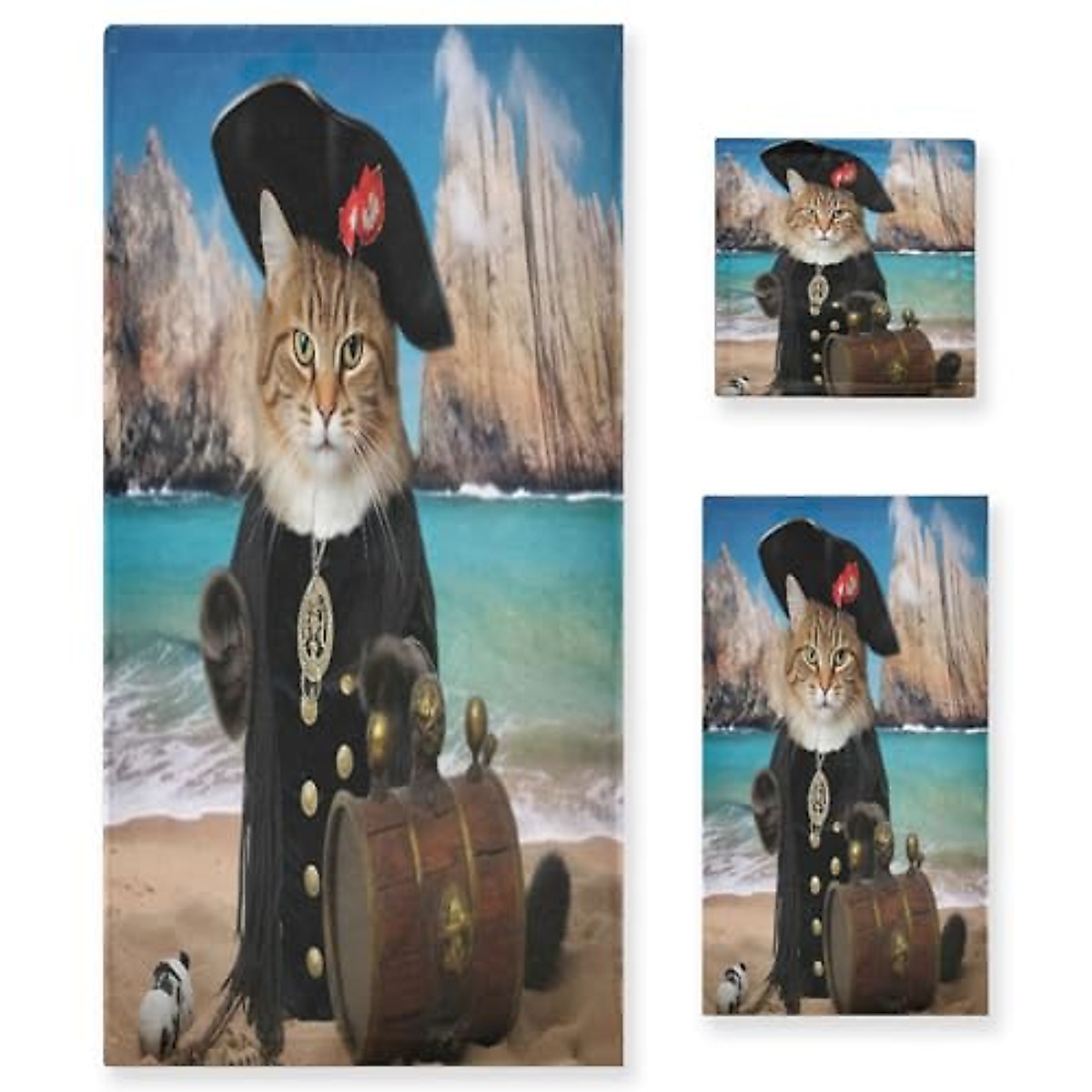 Flradish Pirate Captain Cat Towels 3 Pack Bath Towels for Bathroom Set Soft Cotton Highly Absorbent Lightweight & Quickdry Towel Set 1 Bath Towel,1 Hand Towel,1 Washclothe