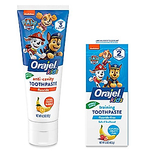 Orajel Kids Paw Patrol Fluoride-Free Training Toothpaste, Fluoride-Free Toothpaste, 1.5oz Tube with Orajel Kids Paw Patrol Anti-Cavity Fluoride Toothpaste, Natural Fruity Bubble Flavor, 4.2oz Tube