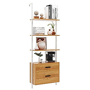 SogesHome Industrial Wall-Mounted Ladder Shelf with Cabinet, 4-Tier Bookshelf with Metal Frame, Storage Display Shelf with 2 Drawers for Living Room, Office, Bedroom, Bathroom, Kitchen