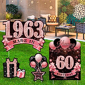 60th Birthday Signs Rose Gold Birthday Party Decorations - 4pcs Happy Birthday Yard Signs with Stakes for Women,60th Birthday Yard & Lawn Decorations,Made in 1963 Funny Bithday Backdrop Party Supplies