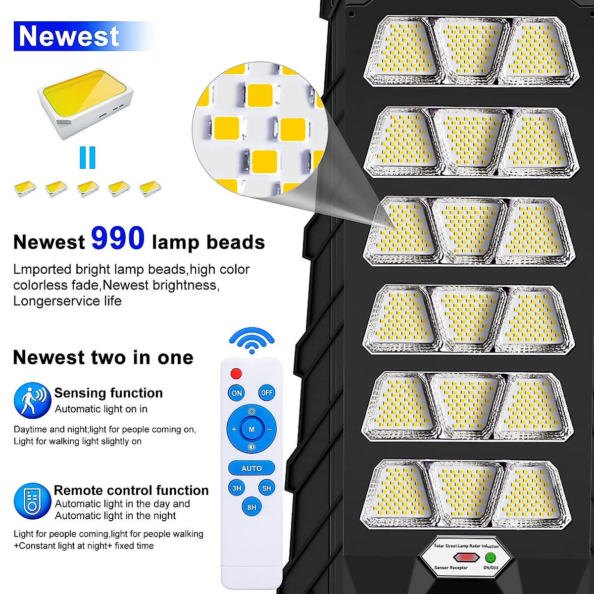 600W Solar Street Light Outdoor Waterproof Parking Lot Light 990leds with Motion Sensor and Remote 60000LM Dusk to Dawn 6500K Solar LED Street Light IP65 for Driveway,Playground,Basketball,Garage