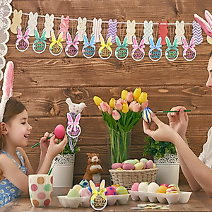 16 Pieces Easter Rabbit Tree Ornament Wooden Hanging Bunny Ornaments with Plaid Bow and Rope Wood Hollowed Out Easter Ornaments Cute Spring Hanging Decorative for Home Garden Decor (Bunny Ears Style)