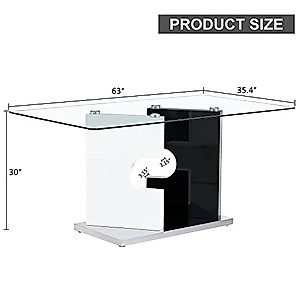 Henf 63" Glass Dining Table Rectangular Kitchen Table with High-Gloss White/Black Pedestal, Contemporary Modern Dining Room Tables Home Office Meeting Table for 6