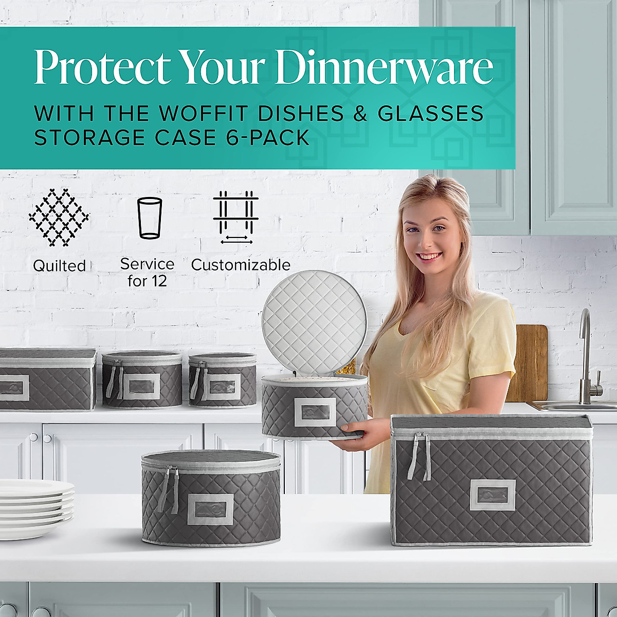 Woffit China Storage Containers - 6 Pack, Quilted Dinnerware & Stemware Set Bins for Packing Dishes and Glasses w/ 48 Felt Protectors - Essential Dish Supplies for Moving, Christmas, Seasonal Storage
