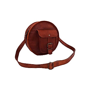 Vintage Leather Crossbody Bag Women/Teen Girls Satchel Handbag Round Messenger Sling Bags, 10 Inch Small