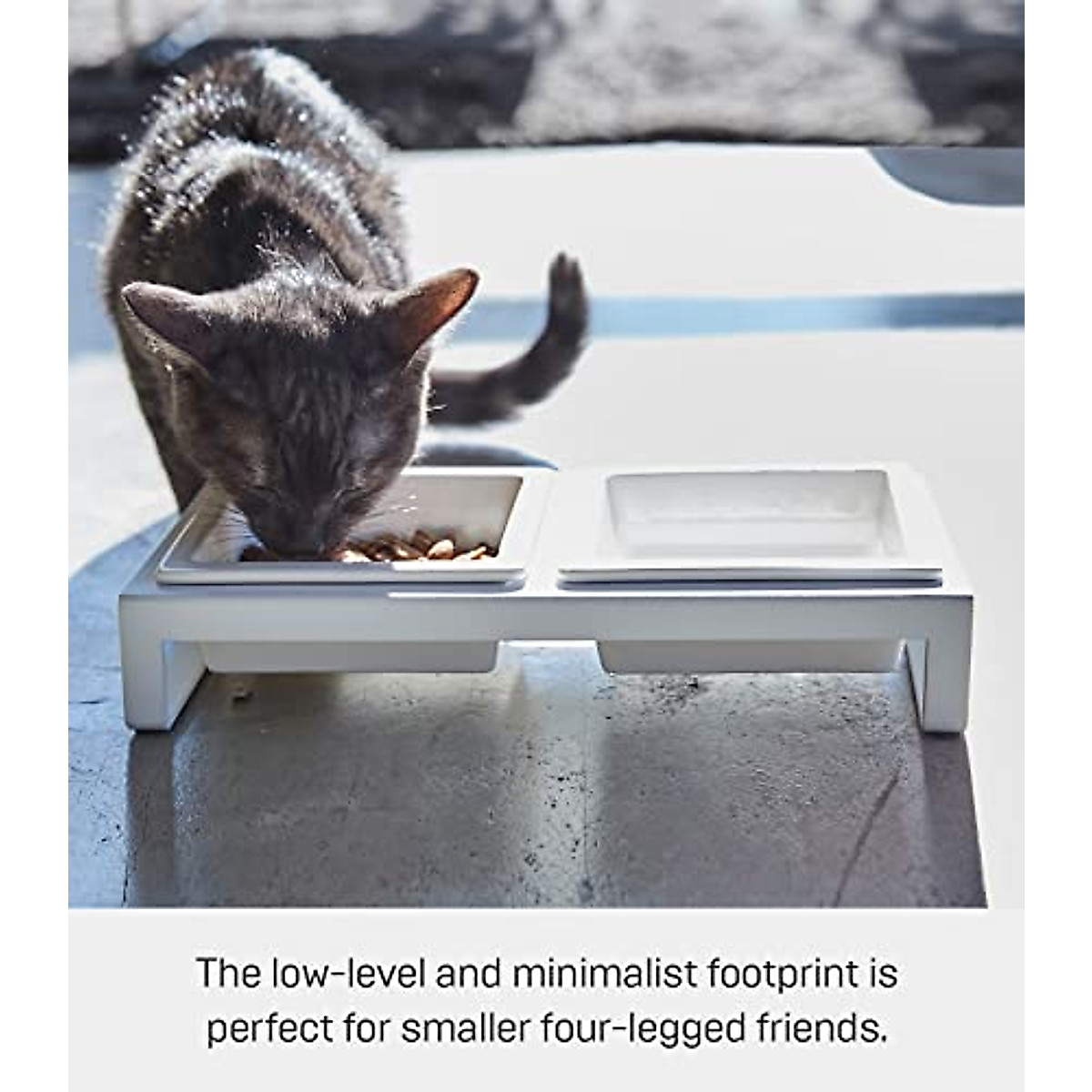 Yamazaki Home Tower Steel and Ceramic Pet Food Stand | 2 Bowls for Food and Water | Feeder for Small Cats and Dogs | Non-Slip - Short - 1.25 Cups, 300 Milliliters Per Bowl, White