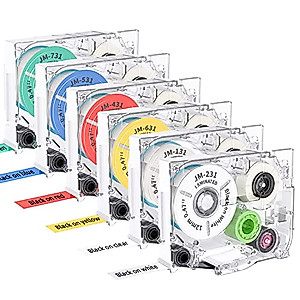 Label KINGDOM Label Tape JM Replacement for Label Maker D210S,E1000 Brother P Touch PT-D210 PT-H110 12mm 0.47 Laminated Black on White/Clear/Green/Yellow/Red/Blue, 6 Pack