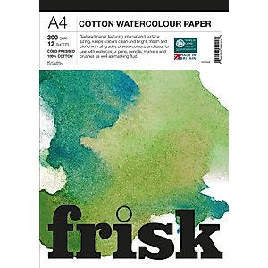 Frisk Watercolour Paper Pad 300gsm 100% Cotton Cold Pressed/Not 12sheets A4