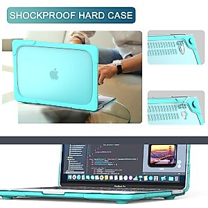 Batianda Heavy Duty Case for MacBook Air 13 inch 2020 A2179 A1932 A2337 M1 Chip with Touch ID, Hard Shell Cover with Foldable Kickstand Shockproof Function and Keyboard Cover, Cyan