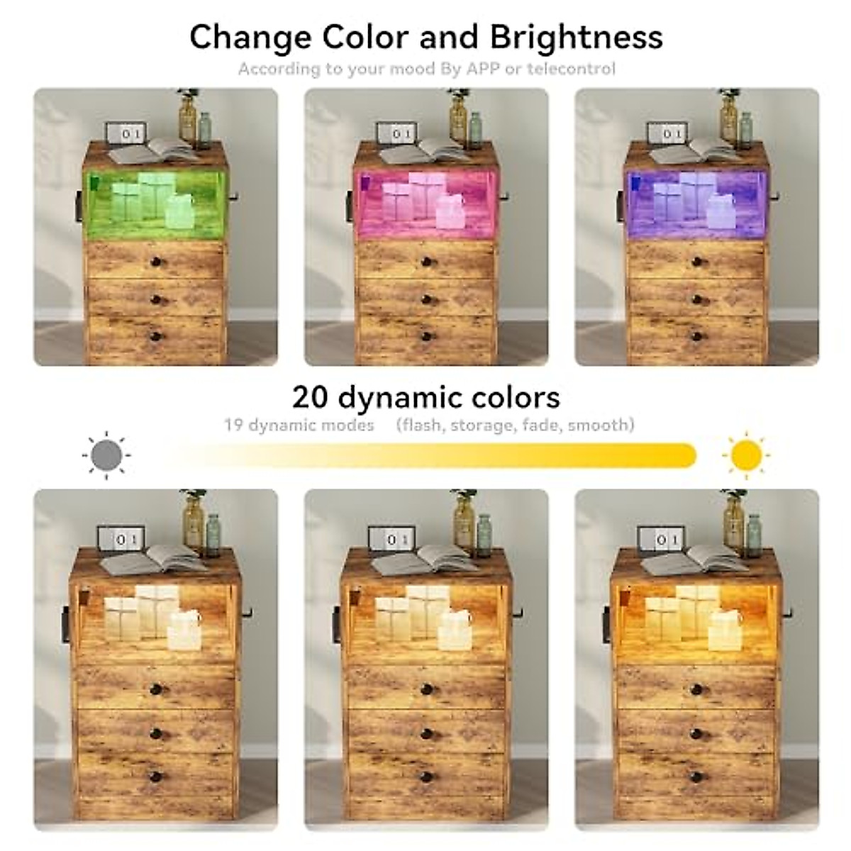 LIKIMIO Nightstand with Charging Station and 3 Drawers, LED Lights End Side Table with interchangeable sockets and Hooks, Vintage Brown