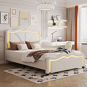 MERITLINE Twin Size Bed with Height-Adjustbale Headboard & LED Light Strips, Upholstered Twin Platform Bed Frame for Bedroom, White