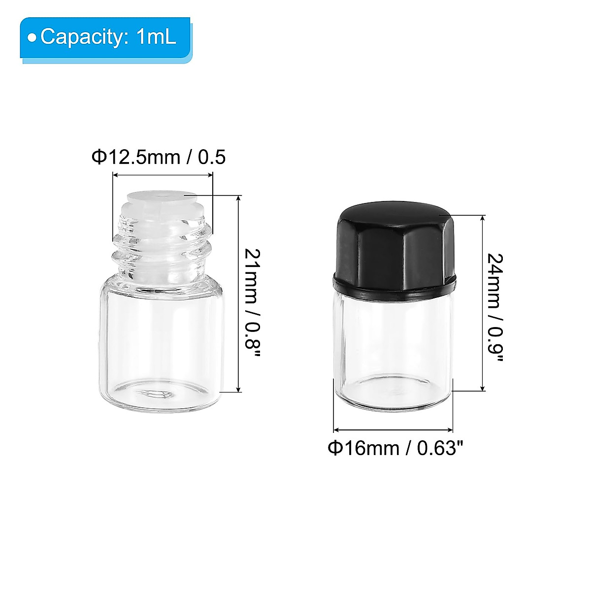 PATIKIL 1ml Essential Oil Bottles, 50 Pack Clear Glass Bottles with Orifice Reducer Sample Vial Octagon Screw Cap Storage Vials Container, Black