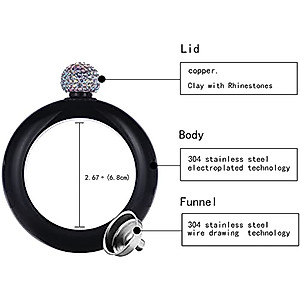 8th Day Fashion Flask Bracelet Bangle for Women 304 Stainless Steel Flask Handmade Crystal Lid Flask Gift Hidden Flask Women Girls Men Party Flask Funnel Set 3.5oz (Black)