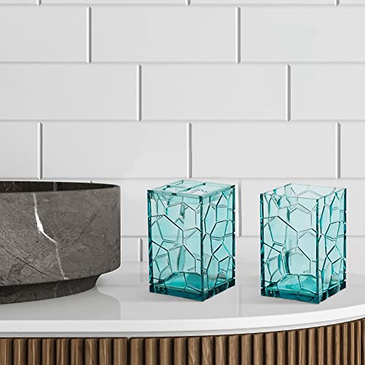 Acrylic Bathroom Accessories Set, 5 Piece Teal Blue Bathroom Vanity Accessory Set with Toothbrush Holder Tumbler Soap Dispenser Soap Dish Toilet Brush Set, Elegant Bathroom Decor and Gift Set