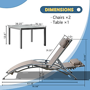 Domi Pool Lounge Chairs Set of 3,Aluminum Adjustable Outdoor Chaise Lounge with Side Table,All Weather Poolside Chairs for Deck Lawn Poolside, Textilene (Khaki)