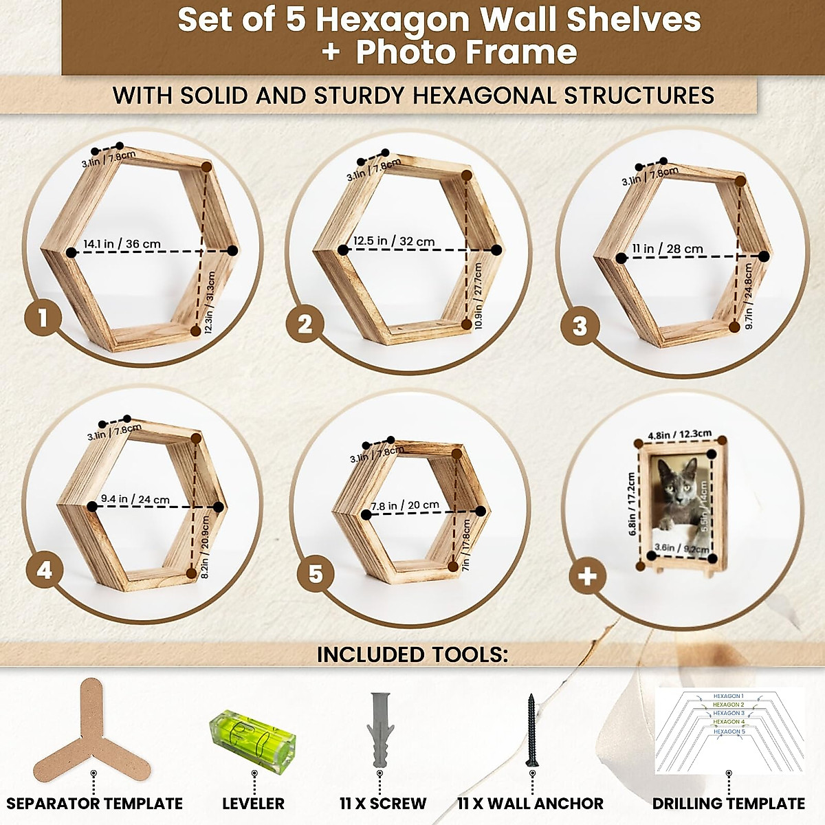 LIBAEL Hexagon Floating Shelves with Photo Frame Natural Premium Wood Set of 5 - Hexagon Shelves for wall, Farmhouse Honeycomb Shelves for Living Room Decor, Kitchen, Bathroom, Bedroom, Hexagon Shelf.