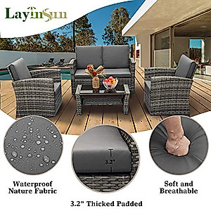 LayinSun 4 Piece Outdoor Patio Furniture Sets, Wicker Conversation Sets, Rattan Sofa Chair with Cushion for Backyard Lawn Garden (Grey)