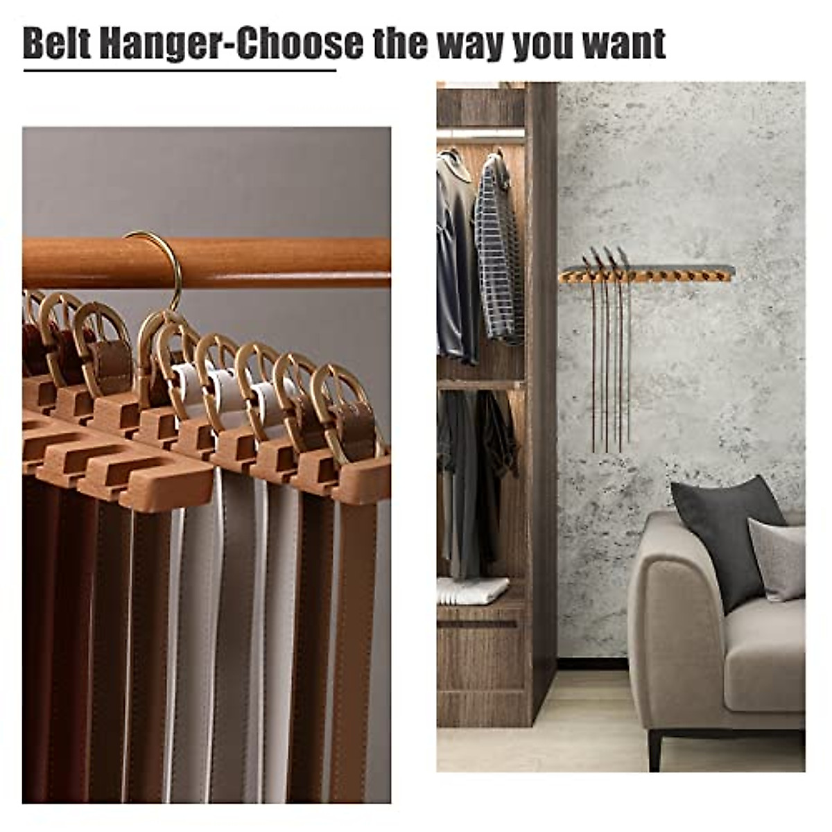 Hlimior Belt Hanger for Closet,2 in 1 Wooden Wall Mount 14 Belts Organizer Through-The-Wall Nails,Belt Rack 360°Swivel Hook,Tie and Belt Organizer Display for Closet,Door,Wall,1 Pack