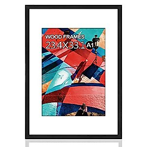 A1 Poster Frame,23.4x33.1 Natural Soild Wood Black Picture Frames with Polished Plexiglass,Easy to Hang,Display Picture A1 without Mat or A2 with Mat for Wall Mounting Horizontally and Vertically