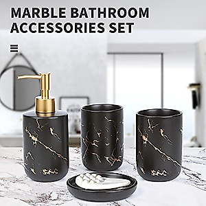 BREIS Bathroom Accessories Set, 4 Pcs Complete Marble Bathroom Accessory Modern Decor Countertop Organizer Toothbrush Holder Lotion Dispenser Soap Dish Tumbler (Black)