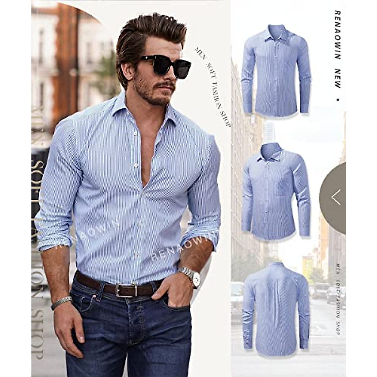 Renaowin Mens Dress Shirt with Front Pocket Regular Fit Pinpoint Stripe Button Down Long Sleeve Shirts US 40(M) Sky Blue