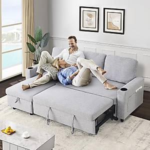 Antetek Reversible Sectional Sofa Couch with Pull-Out Bed, Modern Linen L-Shaped Sleeper Sofa Bed with Storage Chaise/Cup Holder/Side Pocket, Furniture Set for Living Room, Small Space, Light Grey