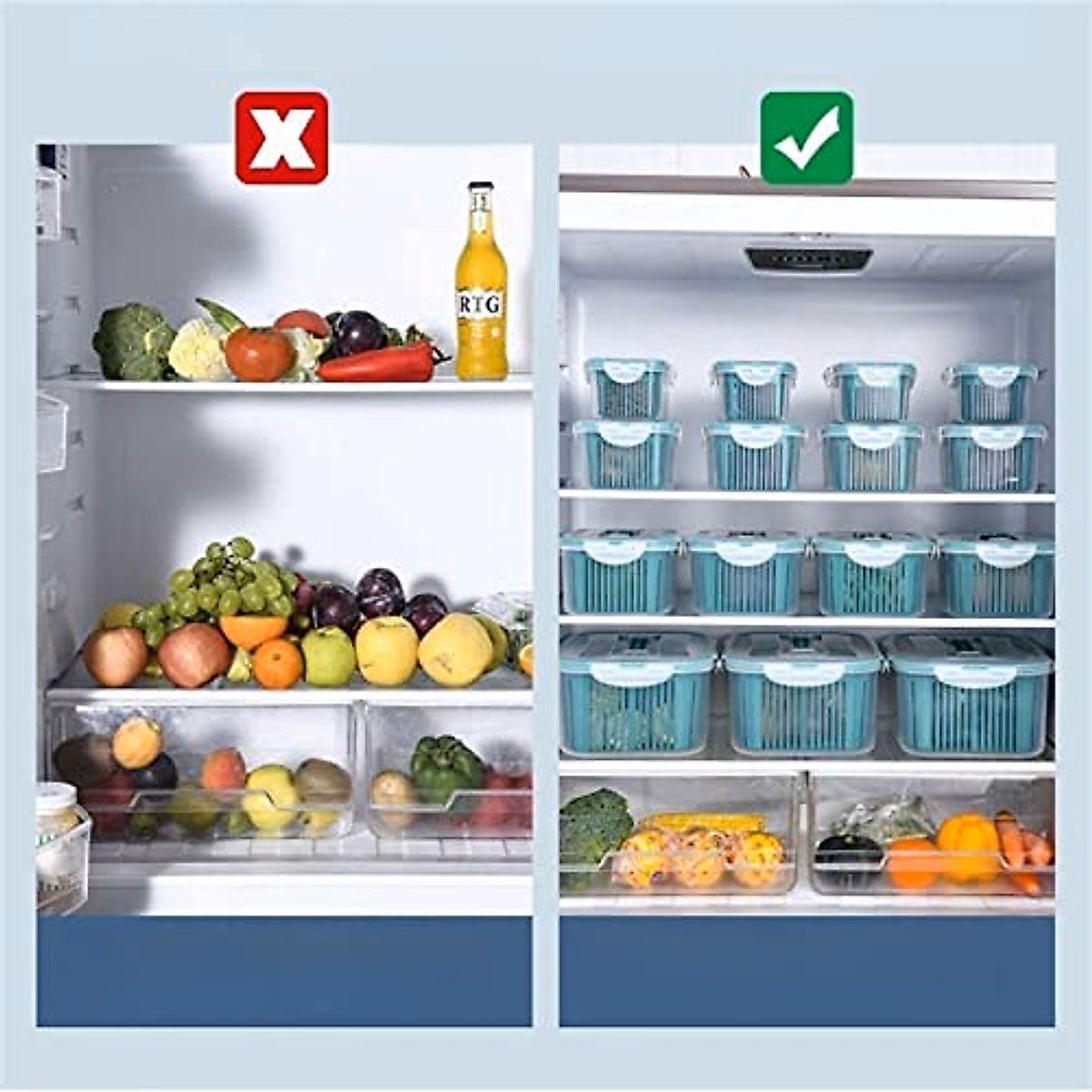 Fruit Storage Containers for Fridge, 5 Sizes, with Drain Basket and Lid, Suitable for Kitchen, Refrigerator Fruit and Vegetable Storage,XL/5800ML