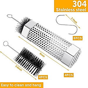 4 Pcs Pellet Smoker Tube 6 Inches Stainless Steel Perforated BBQ Wood Pellet Tube Smoker with 8 Hooks and 4 Brushes for Cold/hot Smoking Cheese, Pork, Fish, Nuts, Beef