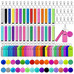 Tudomro Keychain Lip Balm Holder Set Include Lipstick Holder, Colorful Keychain Wristlet Lanyard, Fluffy Ball Pom Accessory and Metal Keychains for Purse Handbag (Candy Color, 30 Sets)