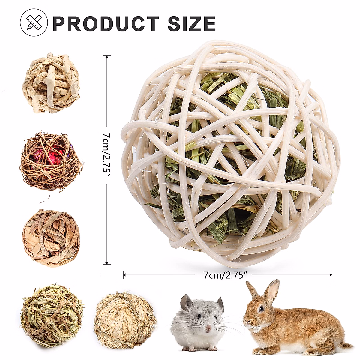 DAMPET Small Animals Play Balls, Chew Grass Balls & Rolling Chew Toys for Bunny, Improve Pets Dental Health for Rabbit, Chinchilla, Guinea Pigs, Hamsters, Gerbils, Rats, Mice (6 Pieces)