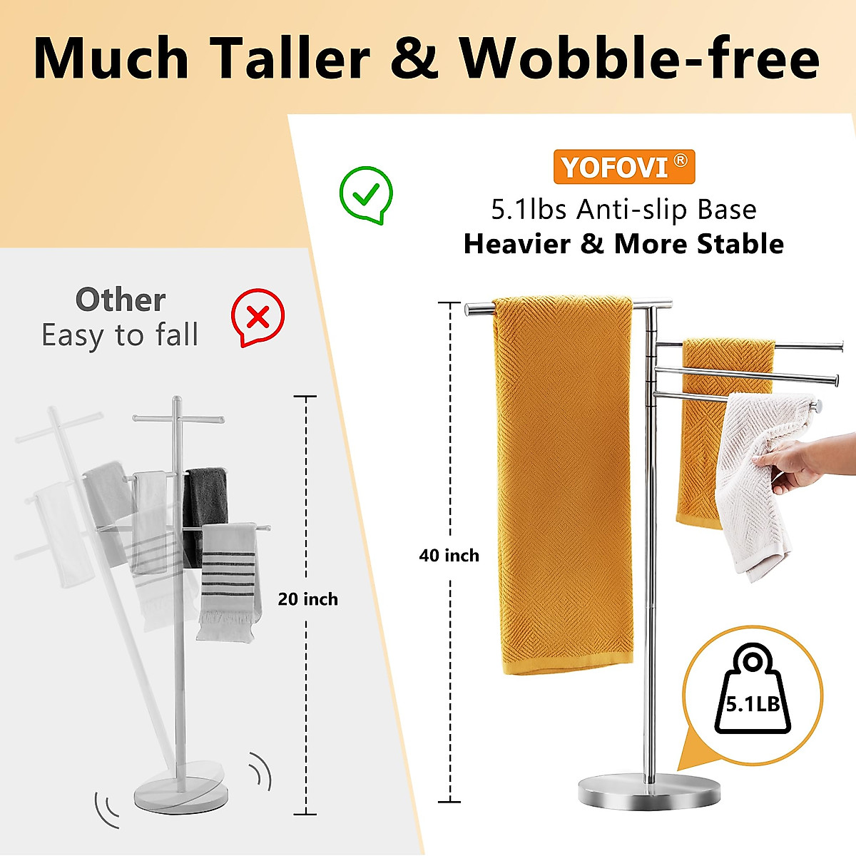 Freestanding Towel Rack, 40 Inch Tall Standing Towel Racks for Bathroom with Weighted Base, Modern Floor Towel Drying Holder Stand with 4 Swivel Arms, Stainless Steel, Chrome, YOFOVI
