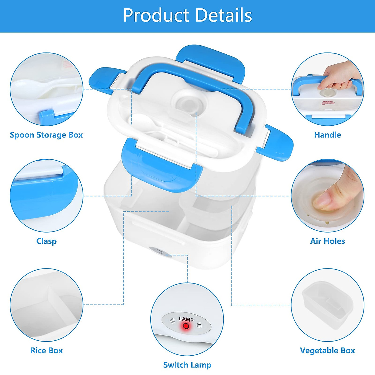 VECH Electric Heating Lunch Box Food Heater Portable Lunch Containers Warming Bento Box for Home & Office Use 110V Heat up Lunch Box (Blue)