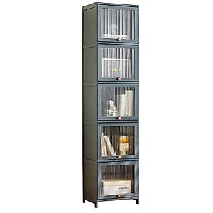 IOTXY Small Narrow Shelf Bookcase - 5-Tier Bamboo Corner Bookshelf with Moru Acrylic Doors, Freestanding Tall Skinny Storage Organizer Rack, for Living Room, Kitchen, Bedroom, Gray, 15.7" W