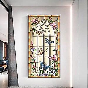 TEMKIN Window Privacy Film Privacy Windows Film Orchid Butterfly Stained Glass Window Stickers No Glue Static Cling Decorative Frosted Window Films one Way Window Film Window (Color : 80x120cm Wxh)