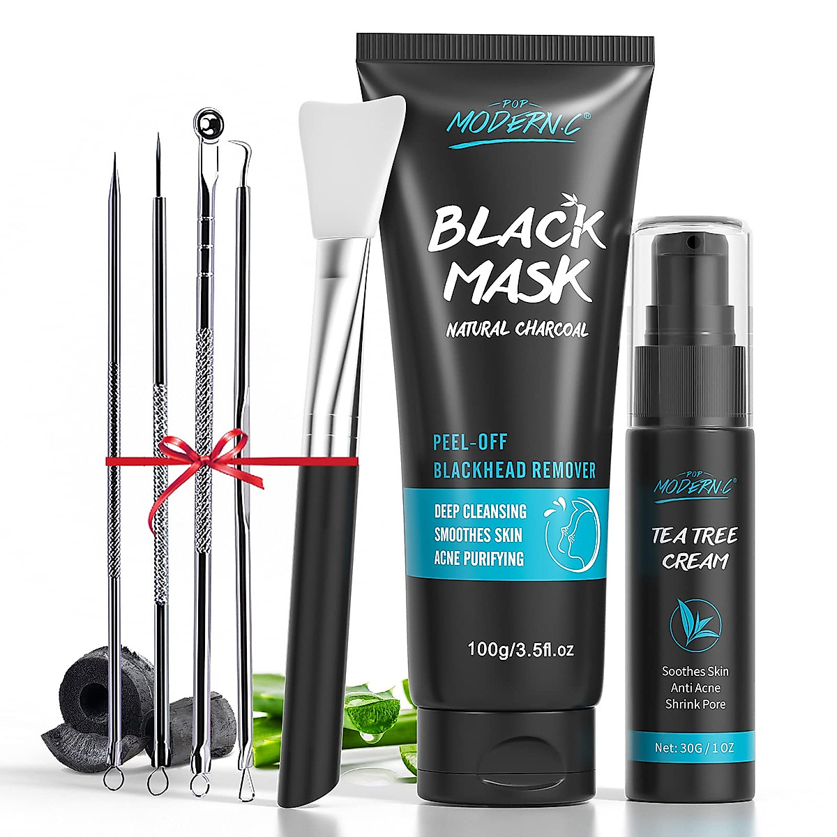 POP MODERN.C Blackhead Remover Mask with Tea Tree Cream Charcoal Peel Off Facial Mask Blackheads Whiteheads Removal Deep Cleansing Pore Purifying Acne Face Mask with Brush Pimple Extractor 4-in-1 Kit
