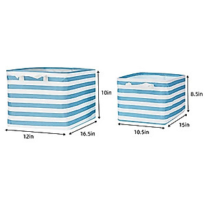 WLFRHD Collapsible Storage Basket 16.5x12x10.5 inches Rectangular Fabric Storage Bin for Shelves Toy Waterproof Canvas Cute Storage Bins Playroom Gift 2-Pack (Blue and White Stripes,Extra Large )