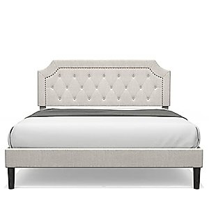 BONSOIR Queen Size Sand Color Bed Frame Upholstered Low Profile Traditional Platform with Tufted and Nail Headboard