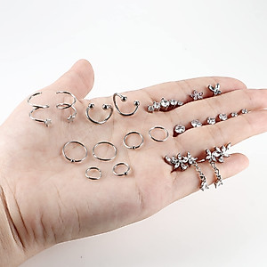 Drperfect Cartilage Helix Tragus Conch Piercing Jewelry 20G 16G Stainless Steel CZ Butterfly Flower Curved Spiral Cartilage Earring Set for Women Men Hoop Stud Ear Piercing Jewelry