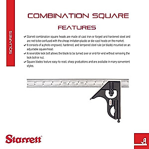 Starrett Steel Combination Square with Square Head - 12" Blade Length, Forged and Hardened Steel Heads, Reversible Lock Bolt, Scriber, 4R Graduation Type - C33H-12-4R