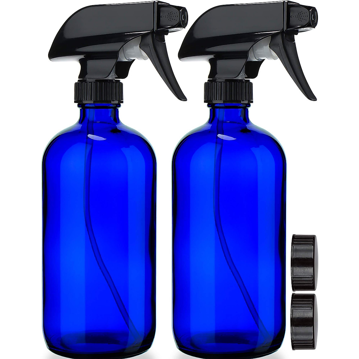Empty Blue Glass Spray Bottles (2 Pack) - BPA Free - Large 16 oz Refillable Bottle for Plants, Pets, Essential Oils, Cleaning Products - Black Trigger Sprayer w/Mist and Stream Settings