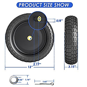 (2-Pack) 13‘’ Tire for Gorilla Cart Replacement Wheels, Flat Free Solid Wheelbarrow Tires for Heelbarrow, Garden Cart, Trolleys, Hand Trucks and Yard Trailers, 5/8 Inch Axle Borehole and 2.1” Hub