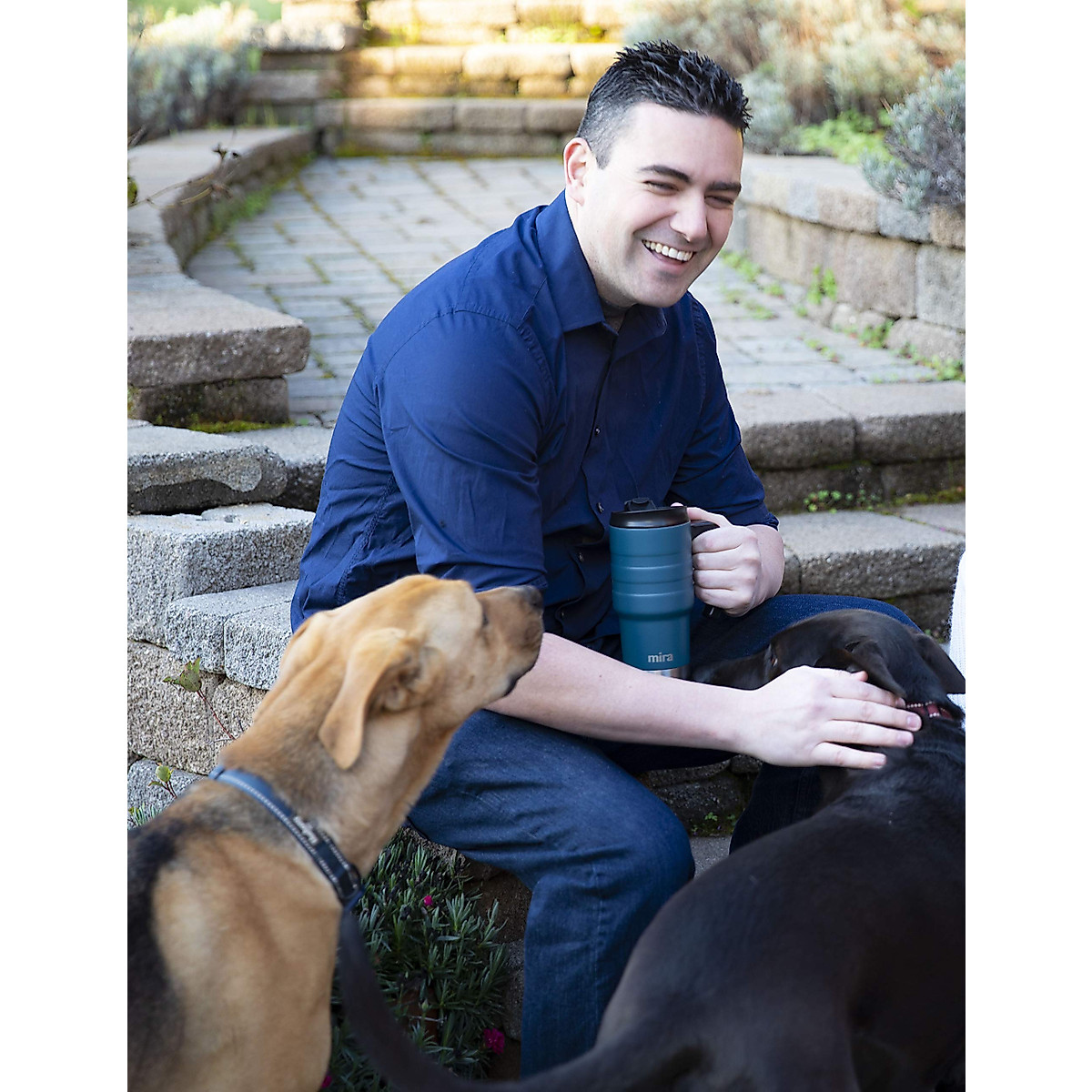 MIRA 20 oz Stainless Steel Travel Car Mug with Handle & Spill Proof Twist On Flip Lid - Vacuum Insulated Thermos Tumbler Keeps Coffee, Tea, Drinks Piping Hot or Ice Cold - French Blue