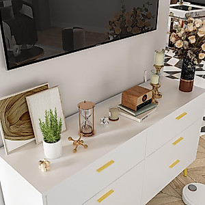 Homsee 6 Drawer Double Dresser Storage Chest of Drawers, 54”L Wood Dresser Chest with Gold Metal Legs for Bedroom, Living Room & Hallway, White (54”L x 15.6”W x 30.1”H)