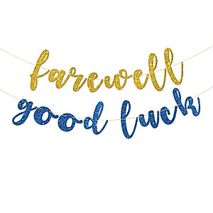 RoadSea Farewell Good Luck Banner - Graduation Theme - Retirement Party Supplies - Going Away - Job Change Party Decorations - Gold Blue Glitter
