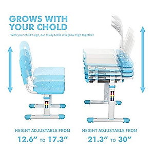 Diroan Kids Functional Desk and Chair Set, Height Adjustable Children School Study Desk with Tilt Desktop, Book Stand, LED Light, Metal Hook and Storage Drawer for Boys Girls Blue